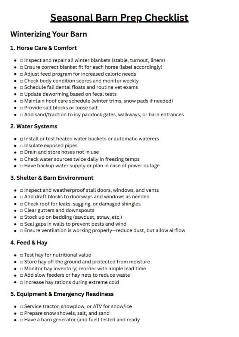 Seasonal Barn Prep Checklist | Printable Winter & Summer Horse Care ...