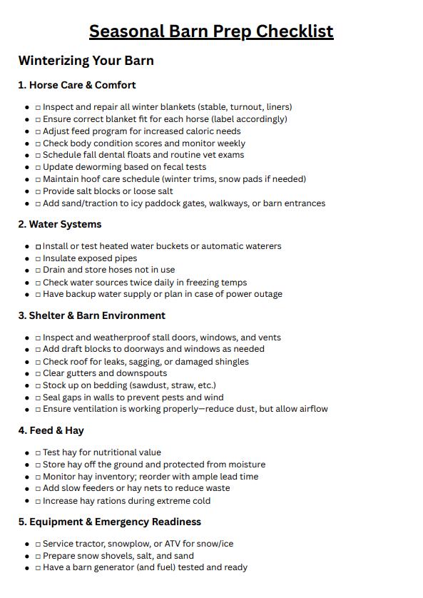 Seasonal Barn Prep Checklist | Printable Winter & Summer Horse Care ...