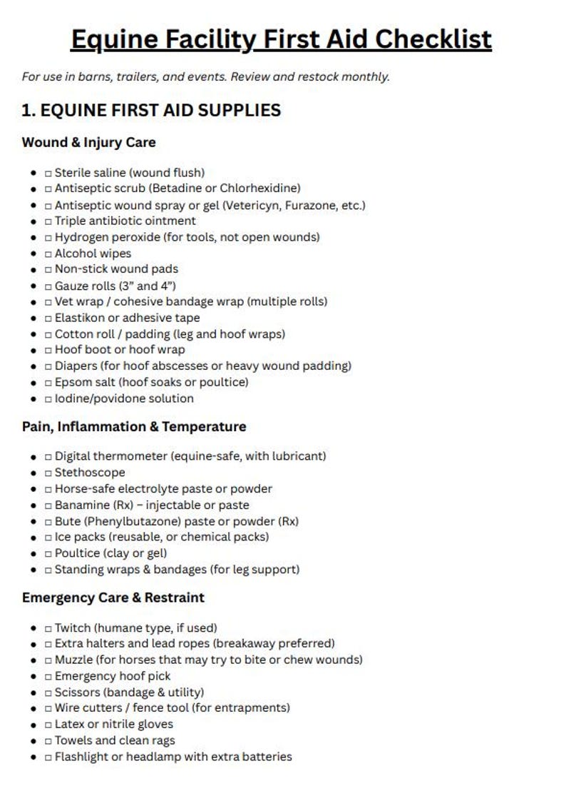 Equine First Aid Checklist: Horse & Human Emergency Supplies (printable ...