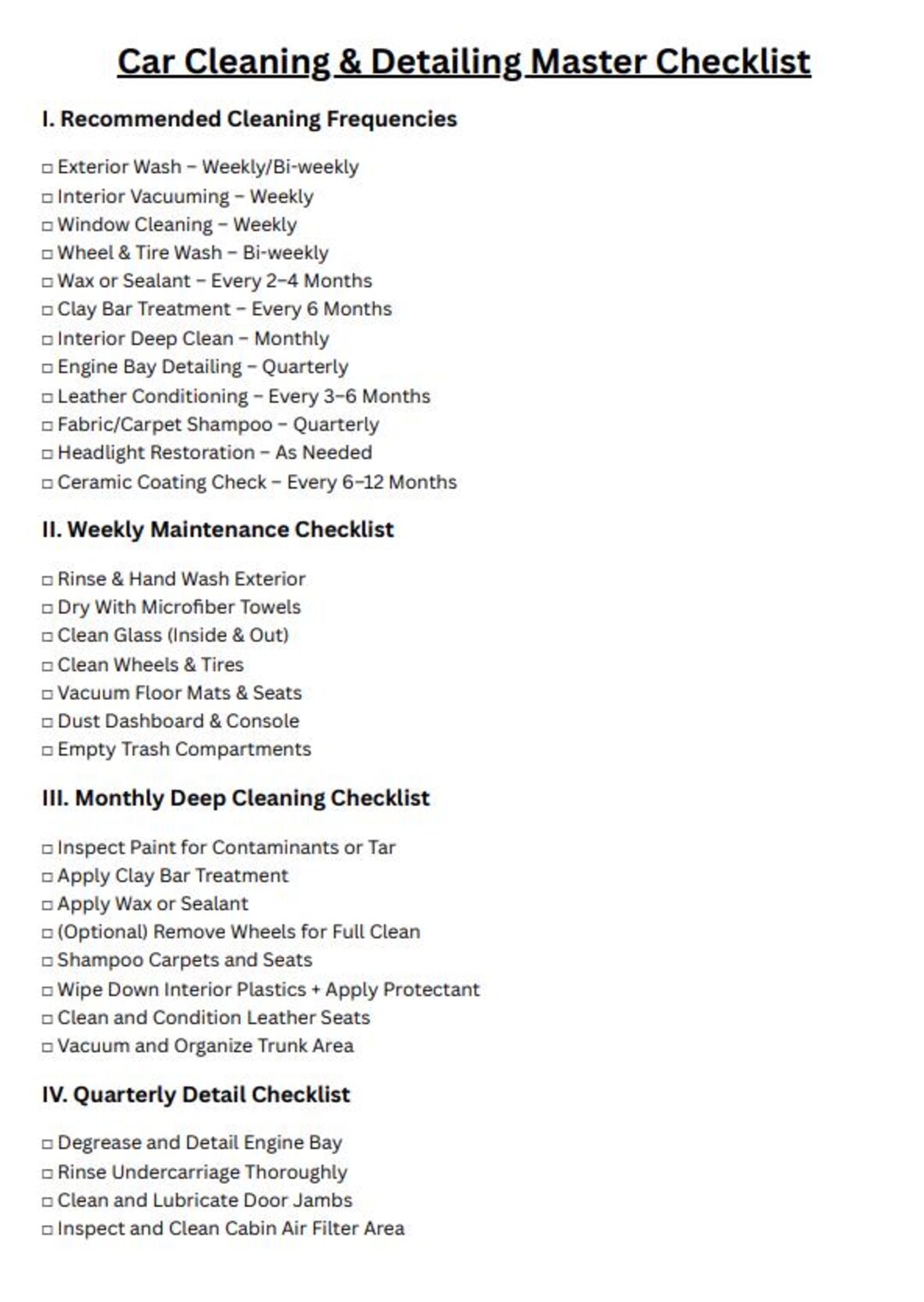 Car Cleaning & Detailing Master Checklist | Printable Vehicle ...