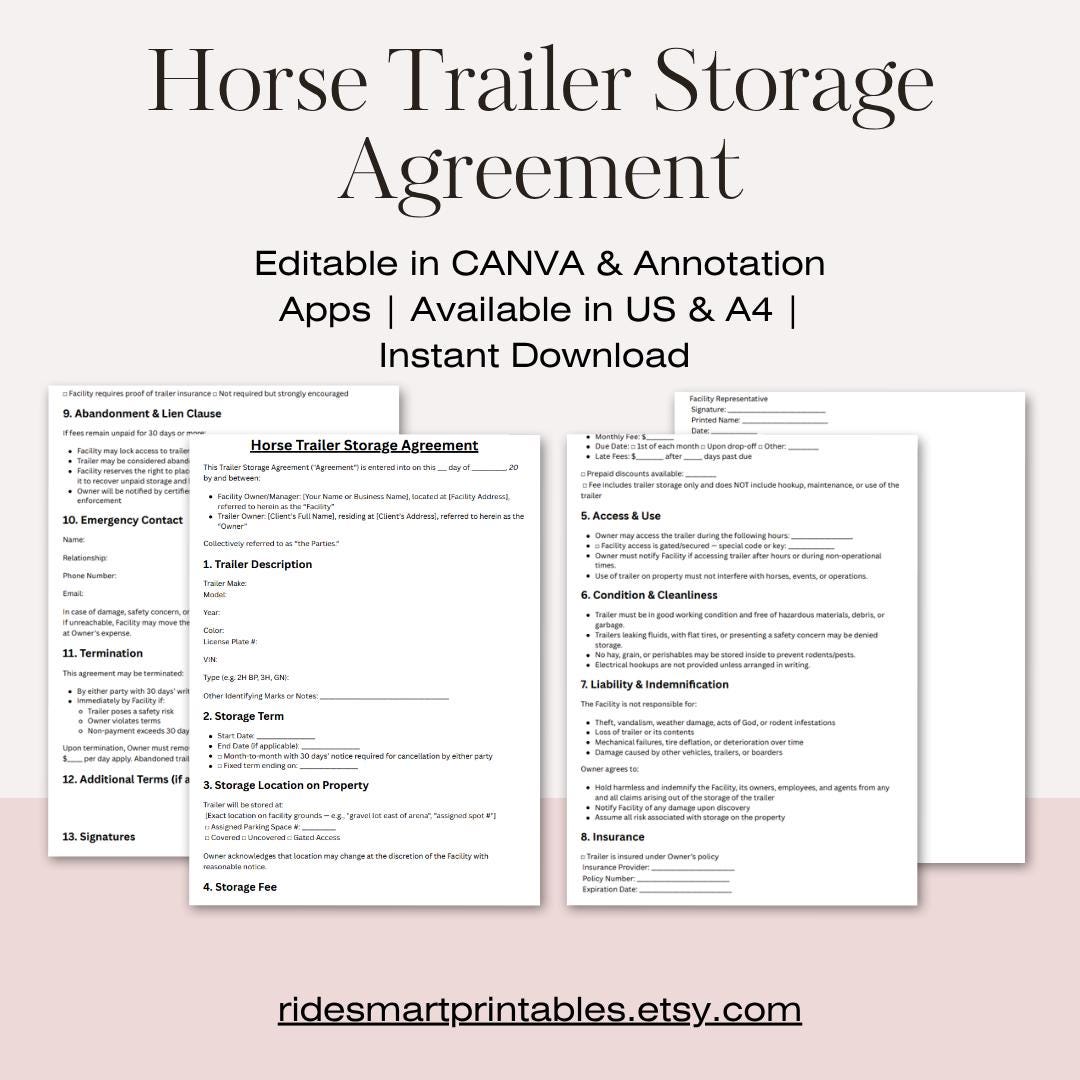 Horse Trailer Storage Agreement | Printable & Fillable PDF | Equine ...
