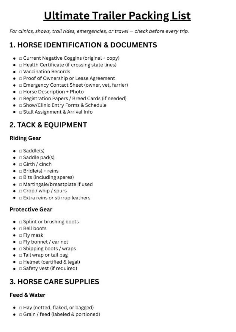 Horse Trailer Packing List Printable | Equestrian Travel Checklist for ...