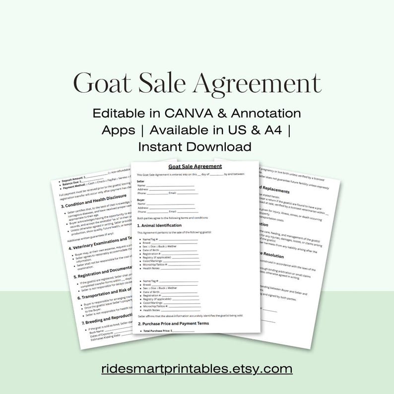 Editable Goat Agreement Template | Farm Livestock Contract (digital ...