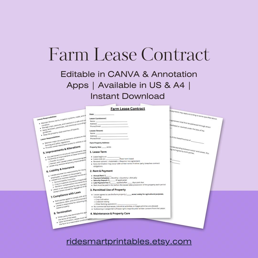Farm Lease Contract Template | Printable Agricultural Lease Agreement ...