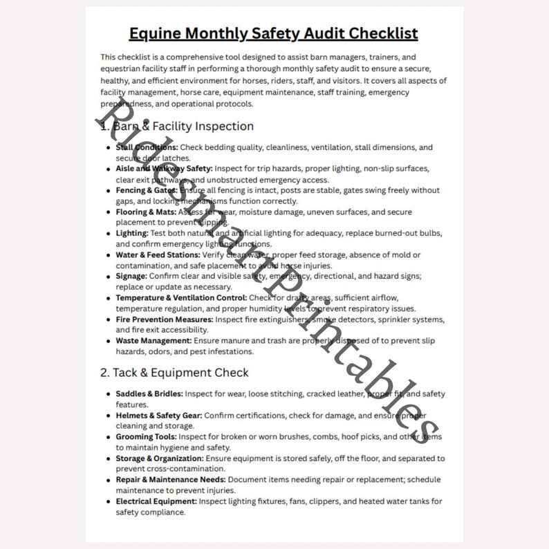 Equine Monthly Safety Audit Checklist PDF/DOCX - Etsy