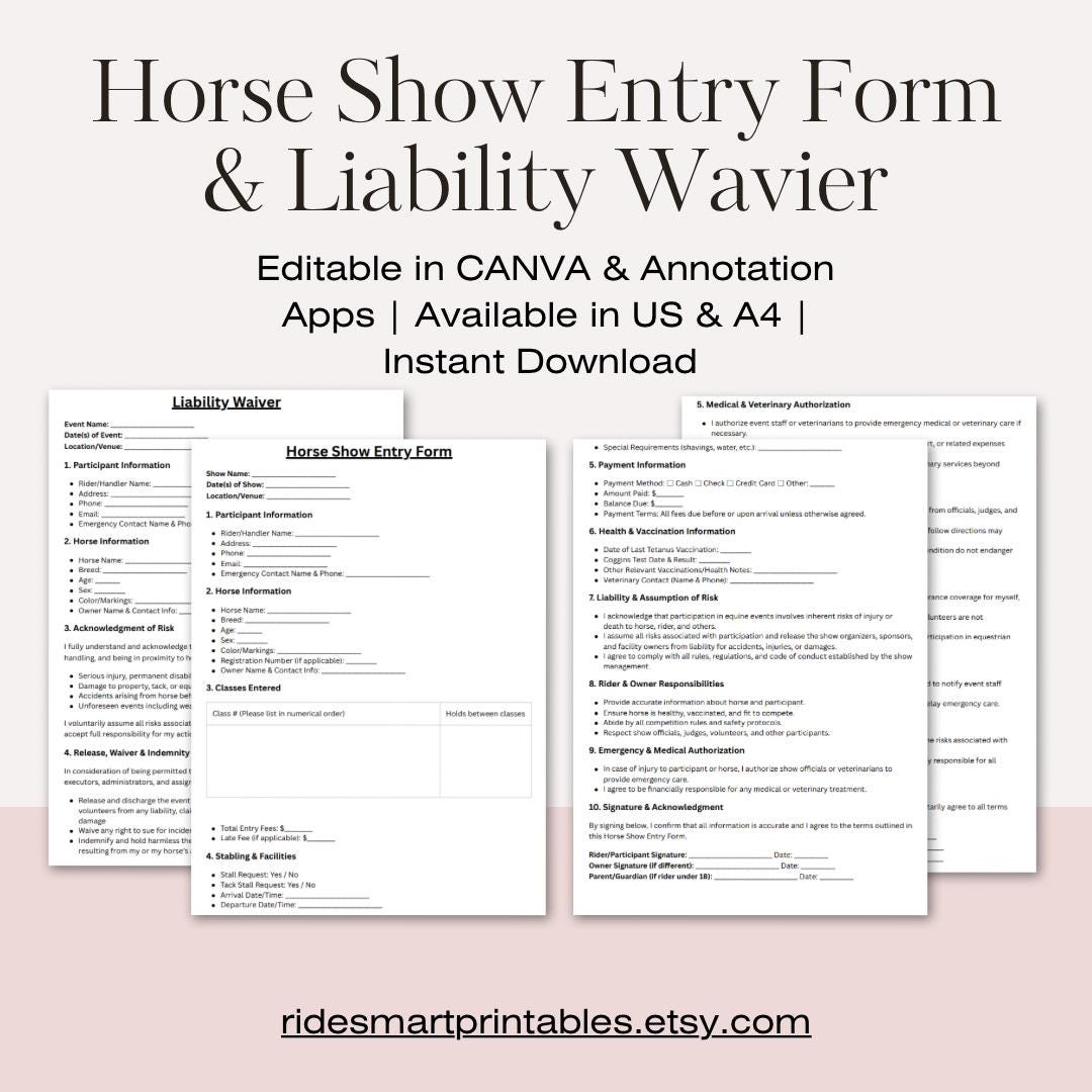 Horse Show Entry & Liability Waiver | Printable Equestrian Forms ...
