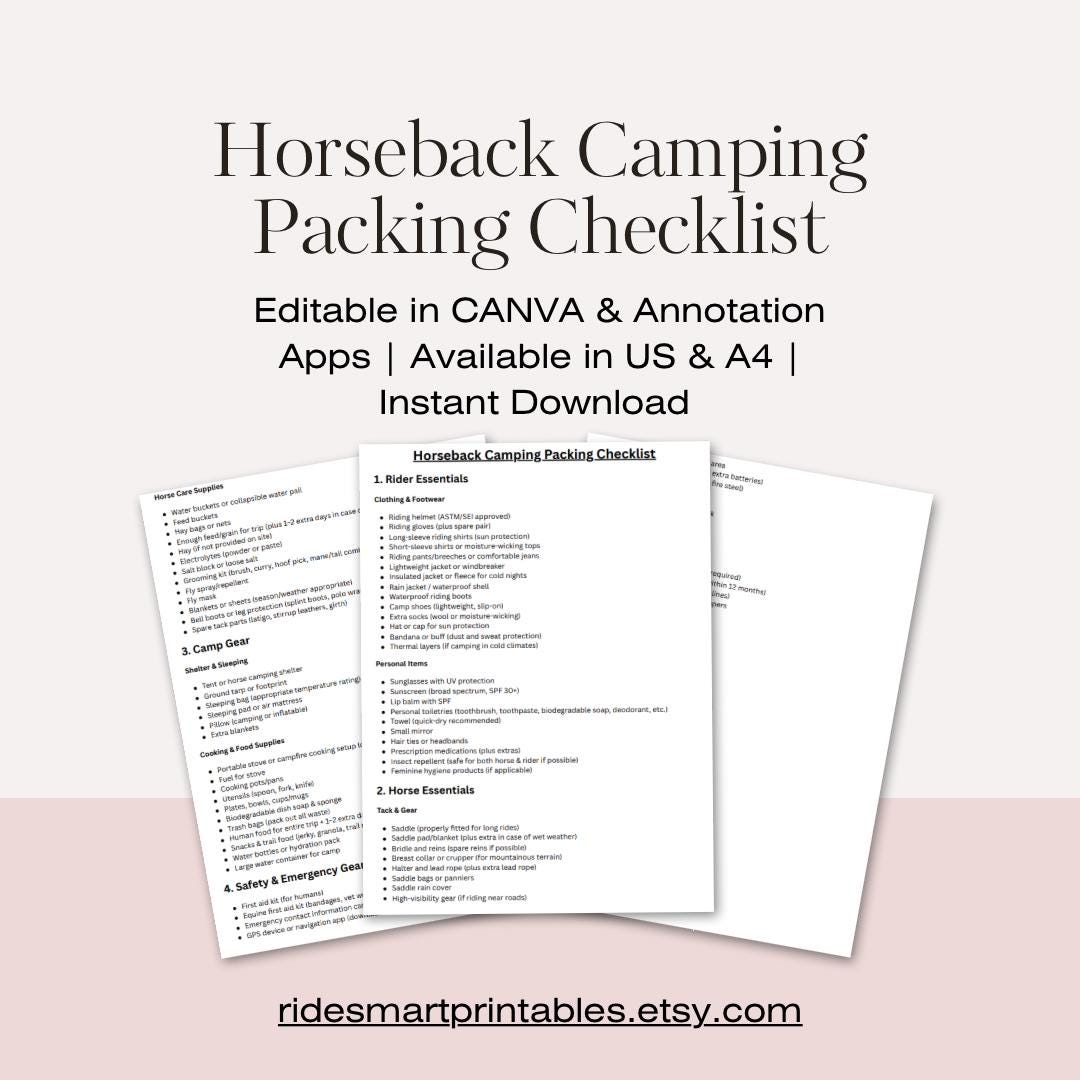 Horseback Camping Packing Checklist | Printable Equestrian Trail Riding ...