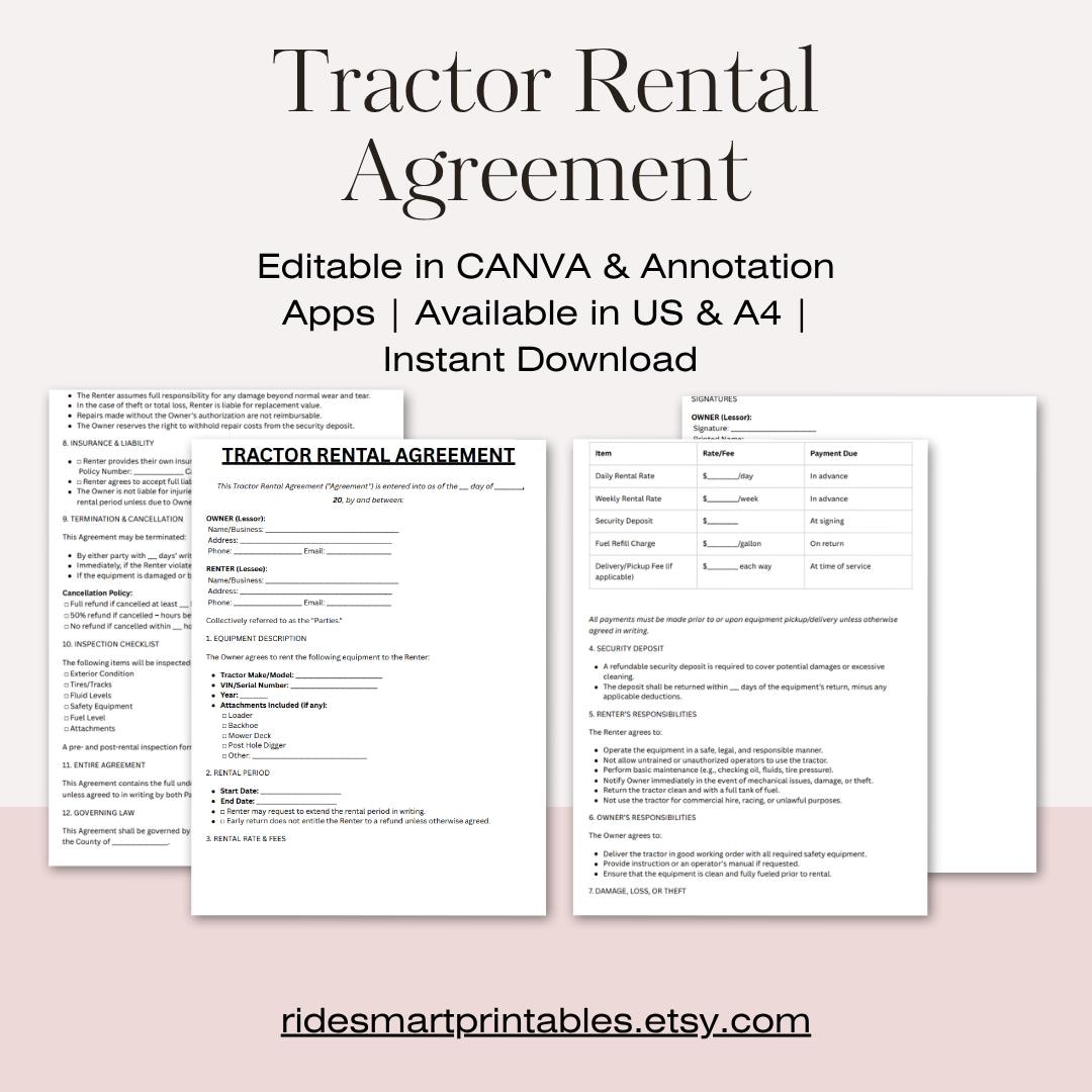 Tractor Rental Agreement Template | Equipment Lease Contract | Editable ...