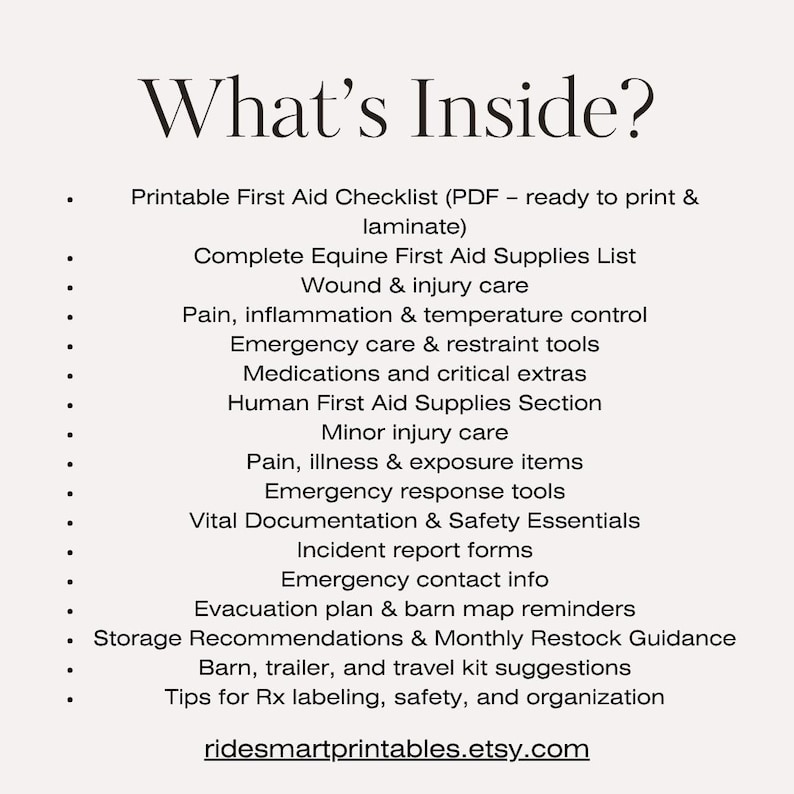 Equine First Aid Checklist: Horse & Human Emergency Supplies (printable ...