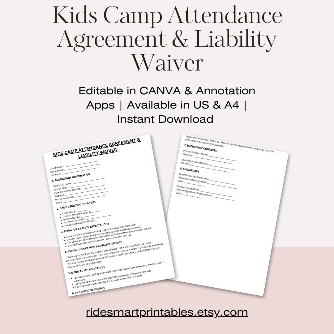 Horse Camp Waiver Form: Printable Kids Camp Liability & Medical Release ...