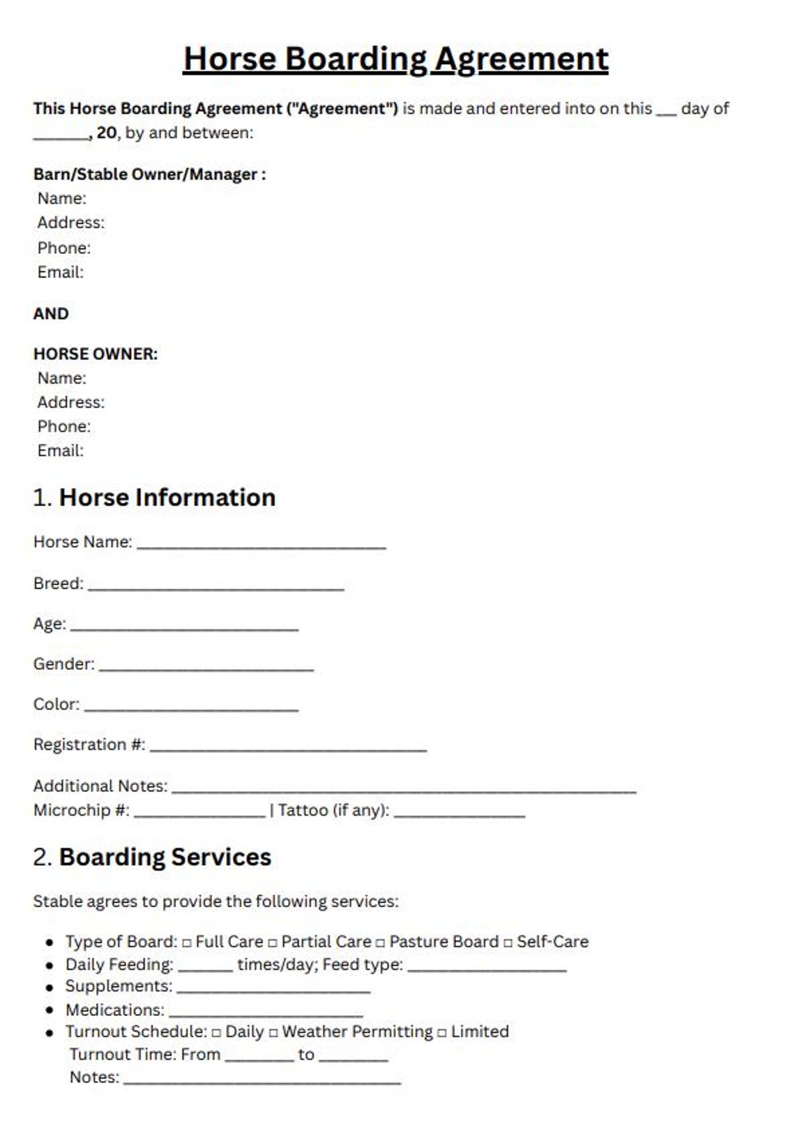 Horse Boarding Agreement Template: Editable Stable Contract (word & PDF ...