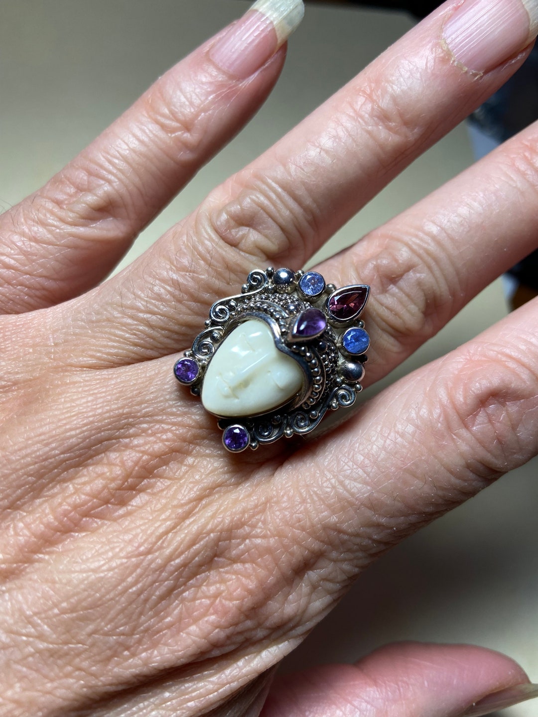 Sajen Sterling Silver Carved Sleepy Goddess Ring With Amethyst and ...