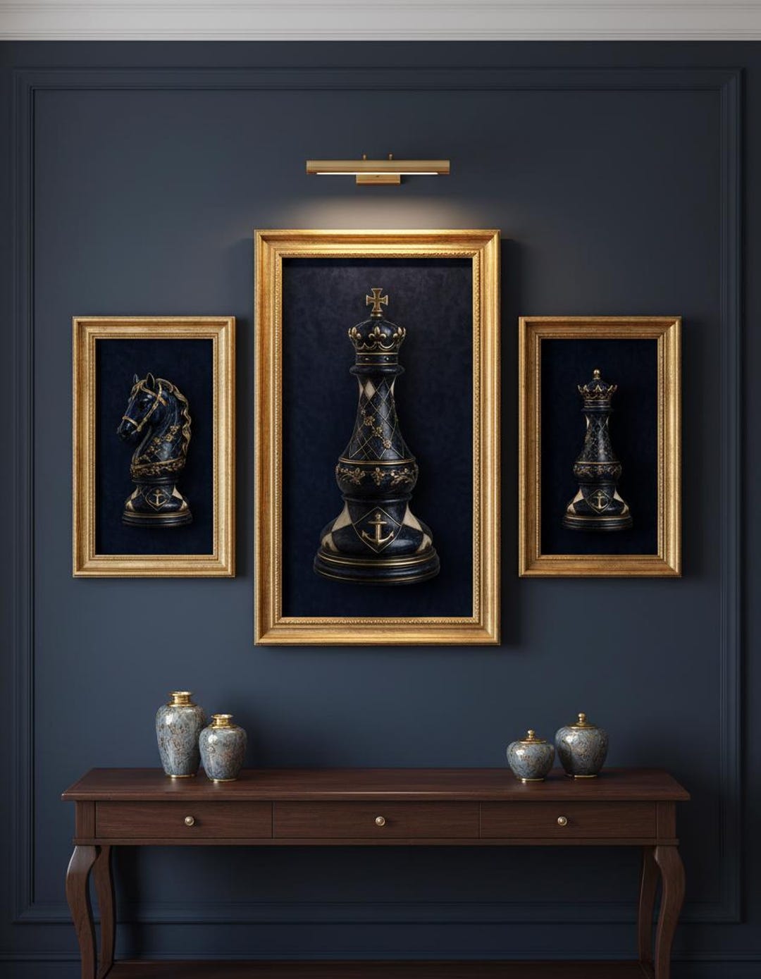 Luxury Chess Wall Art Set | Navy & Gold Chess Pieces | Queen King ...