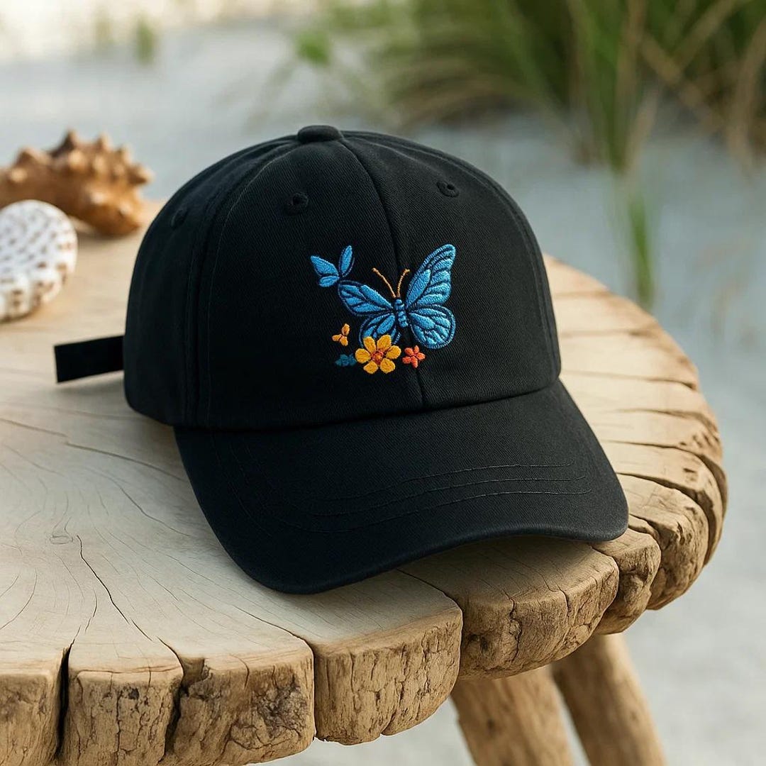 Blue Butterfly Embroidered Hat, Floral Butterfly Baseball Cap Wash Hat ...