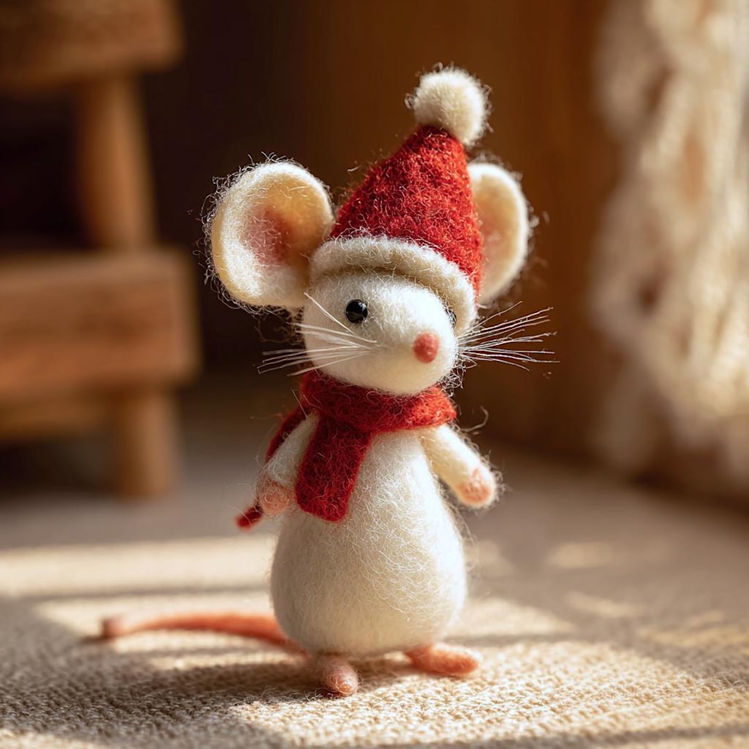 Christmas Mouse With Santa Hat & Candy Cane, Handmade Wool Felt ...