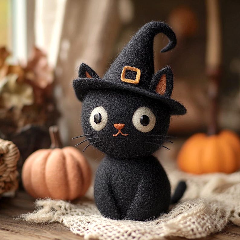Personalized Felt Halloween Black Cat & Witch Hat, Handmade Wool Felted ...