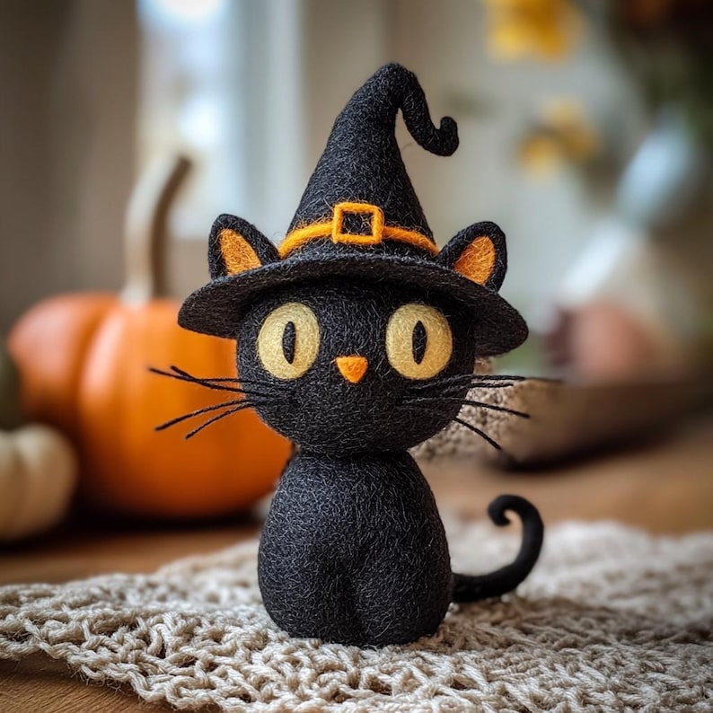 Personalized Felt Halloween Black Cat & Witch Hat, Handmade Wool Felted ...