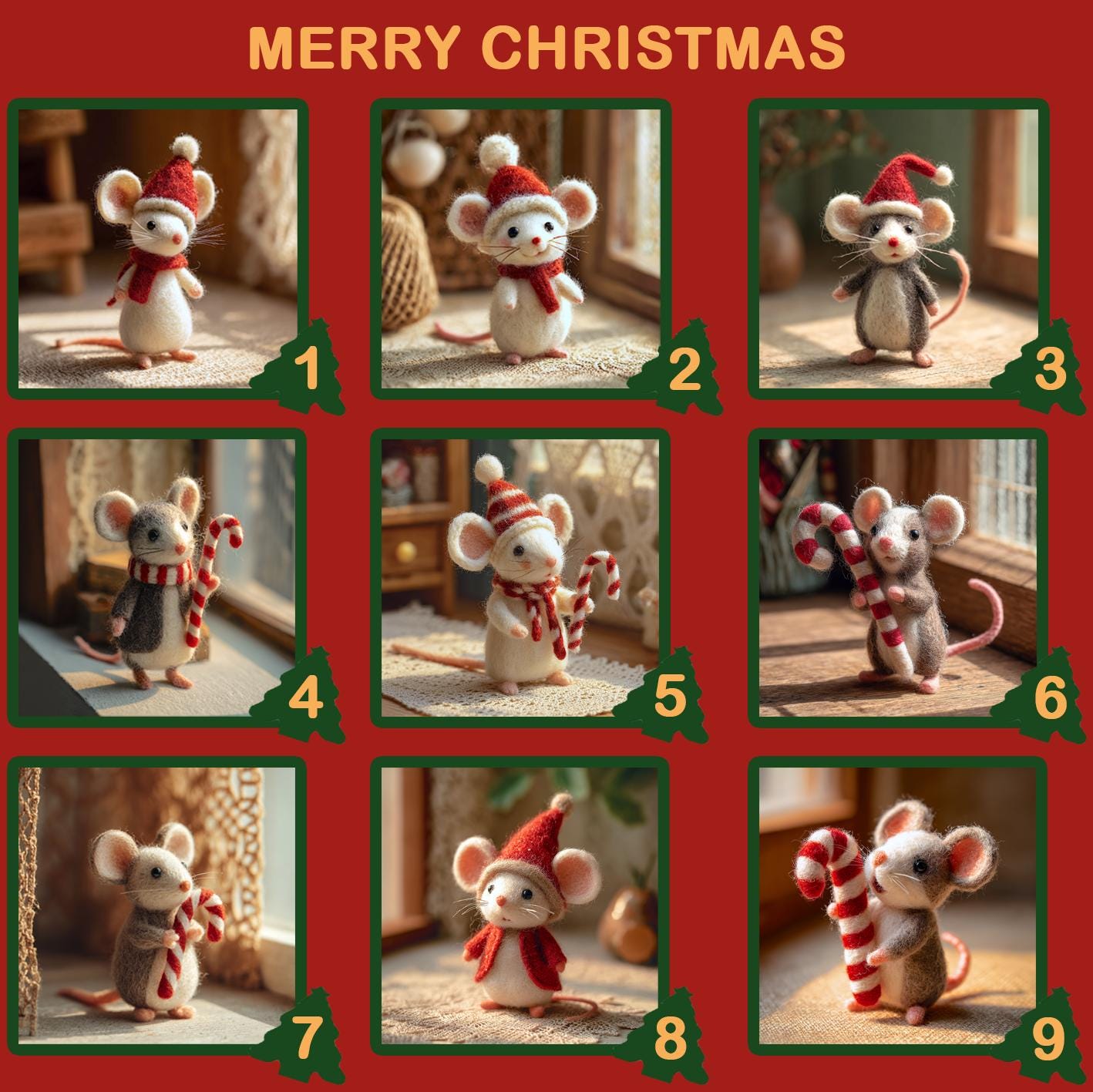 Christmas Mouse With Santa Hat & Candy Cane, Handmade Wool Felt ...