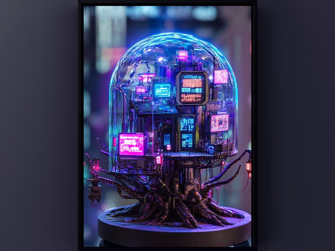 Cyberpunk Glass Dome House Print - Neon Miniature Diorama Art, 2D Poster - Etsy