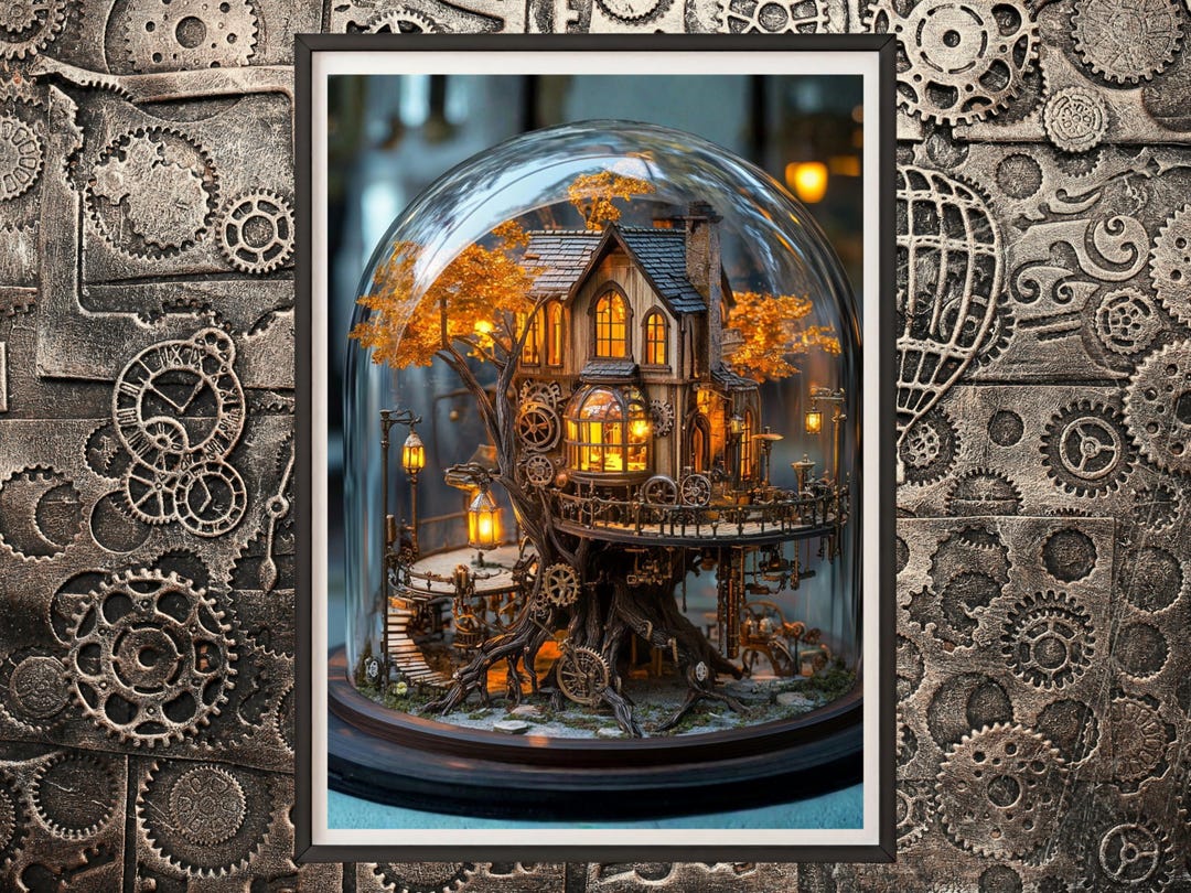 Victorian Steampunk Lantern House in Glass Dome, Fantasy Wall Art, 2D ...