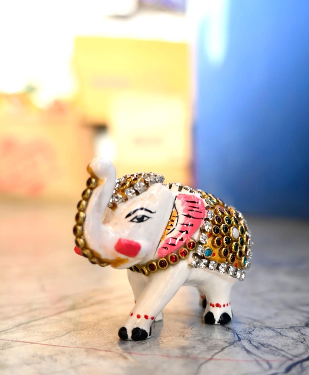 Elephant Statue, White Marble Showpiece Elephants Pair With Golden ...