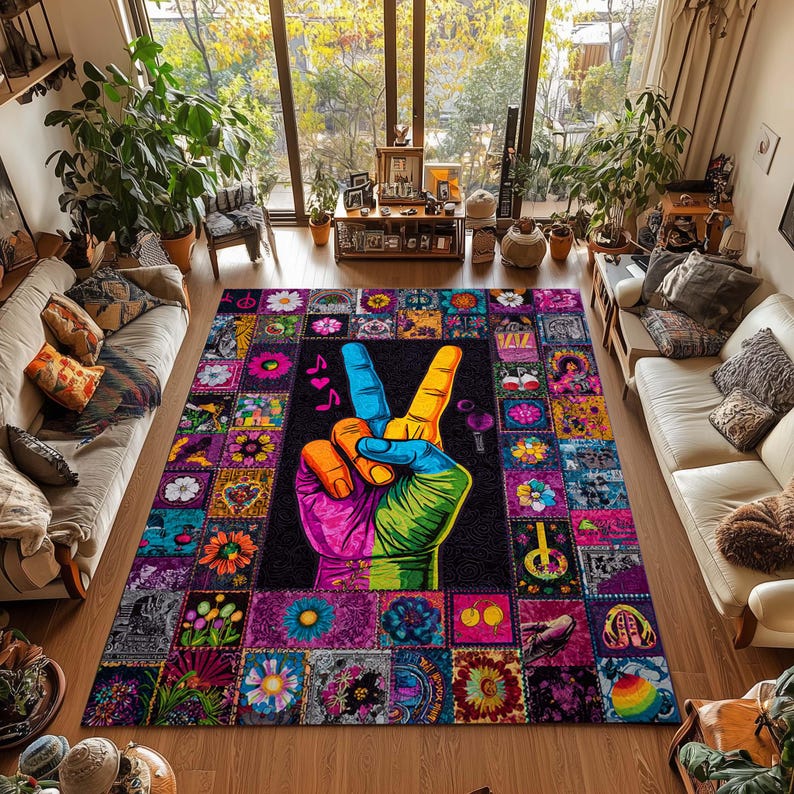 Hippie Peace Sign Rug: Psychedelic Flower Power Boho Decor - Etsy