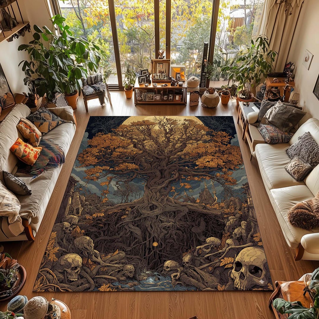 Dark Fantasy Tree of Death Wall Art Rug With Skull Roots Gothic Forest ...