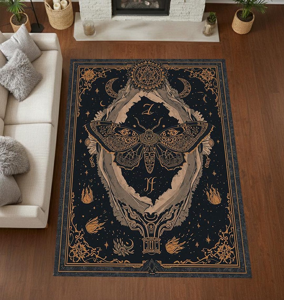 Occult Moth Symbol Rug With Celestial Hands and Mystic Flame Design in ...