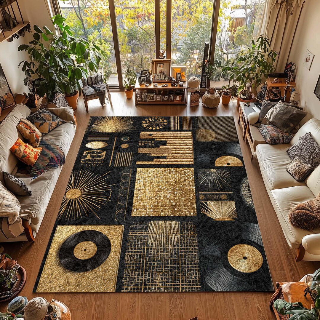 Retro Gold Vinyl Record Rug: Abstract Music Room Decor - Etsy