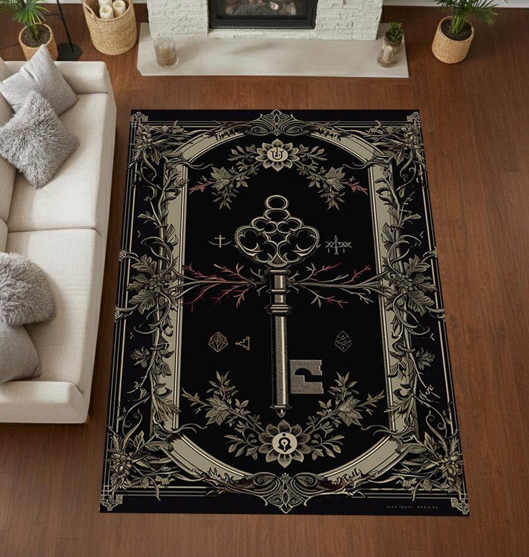 Gothic Skeleton Key Rug With Occult Symbols and Enchanted Floral Frame ...
