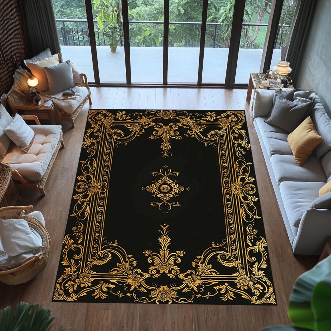 Luxury Black and Gold Baroque Rug: Elegant Ornamental Carpet - Etsy