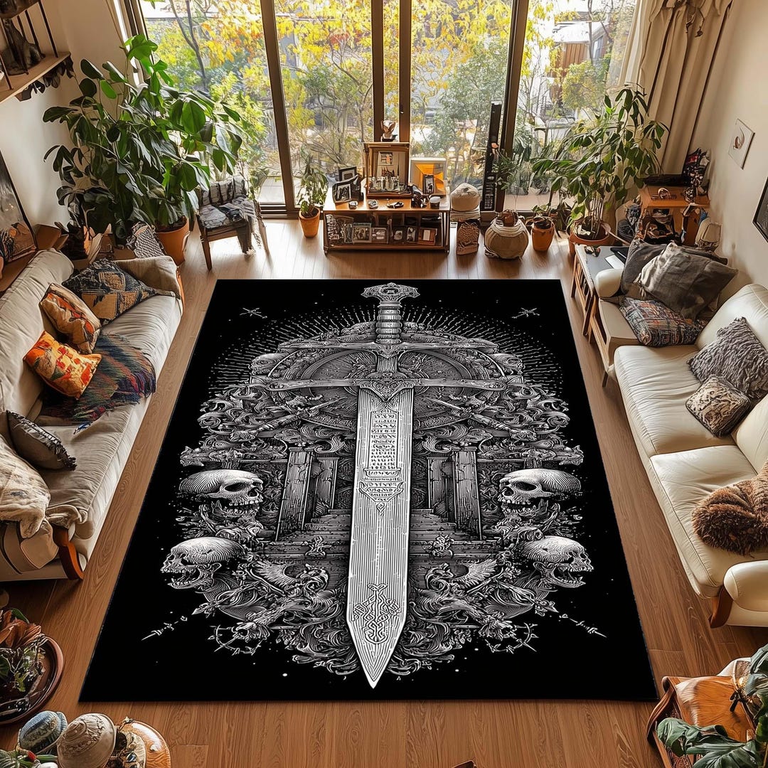 Gothic Sword Rug: Skulls & Occult Symbols - Fantasy Decor - Etsy
