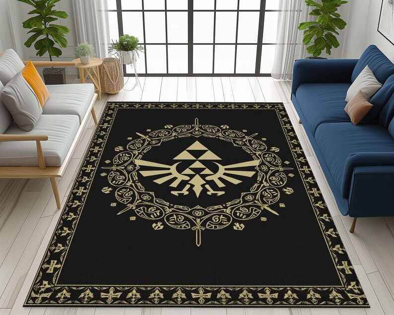 Zelda Triforce Rug: Black Gamer Room Carpet, Washable Geek Decor - Etsy