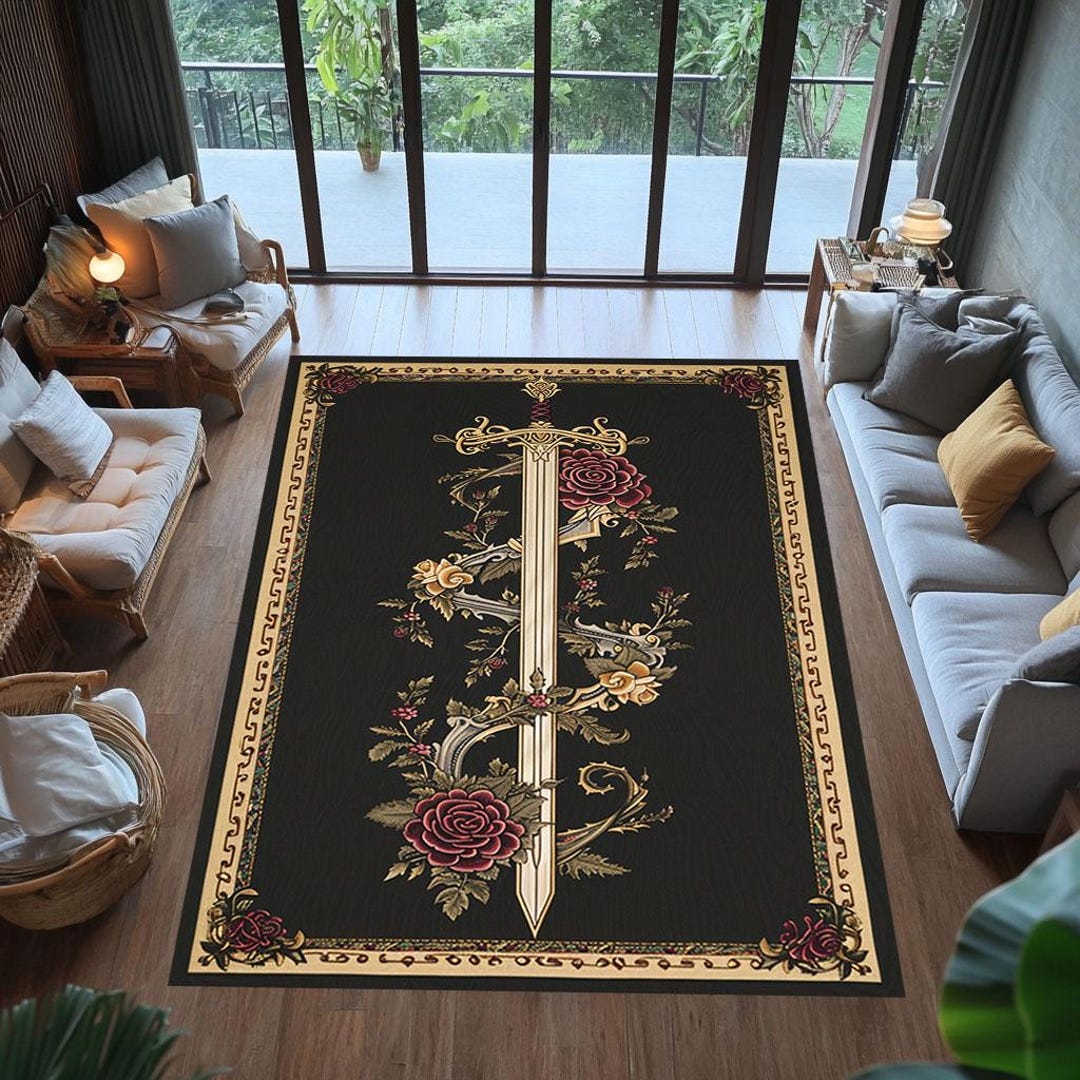 Medieval Sword & Roses Rug: Gothic Dark Academia Washable Area Rug - Etsy