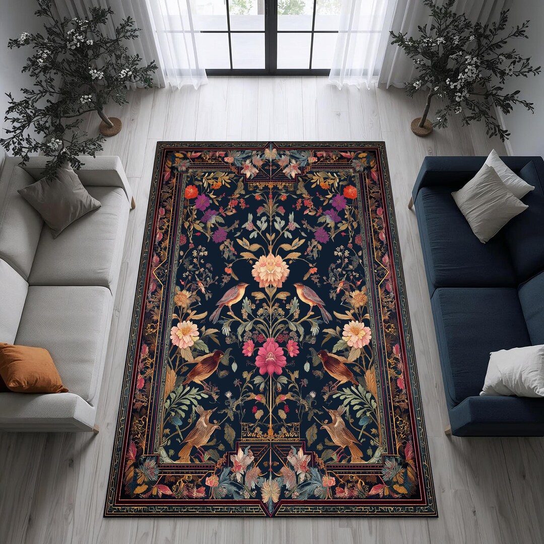 Victorian Bird Floral Area Rug, Vintage Botanical Washable Carpet - Etsy