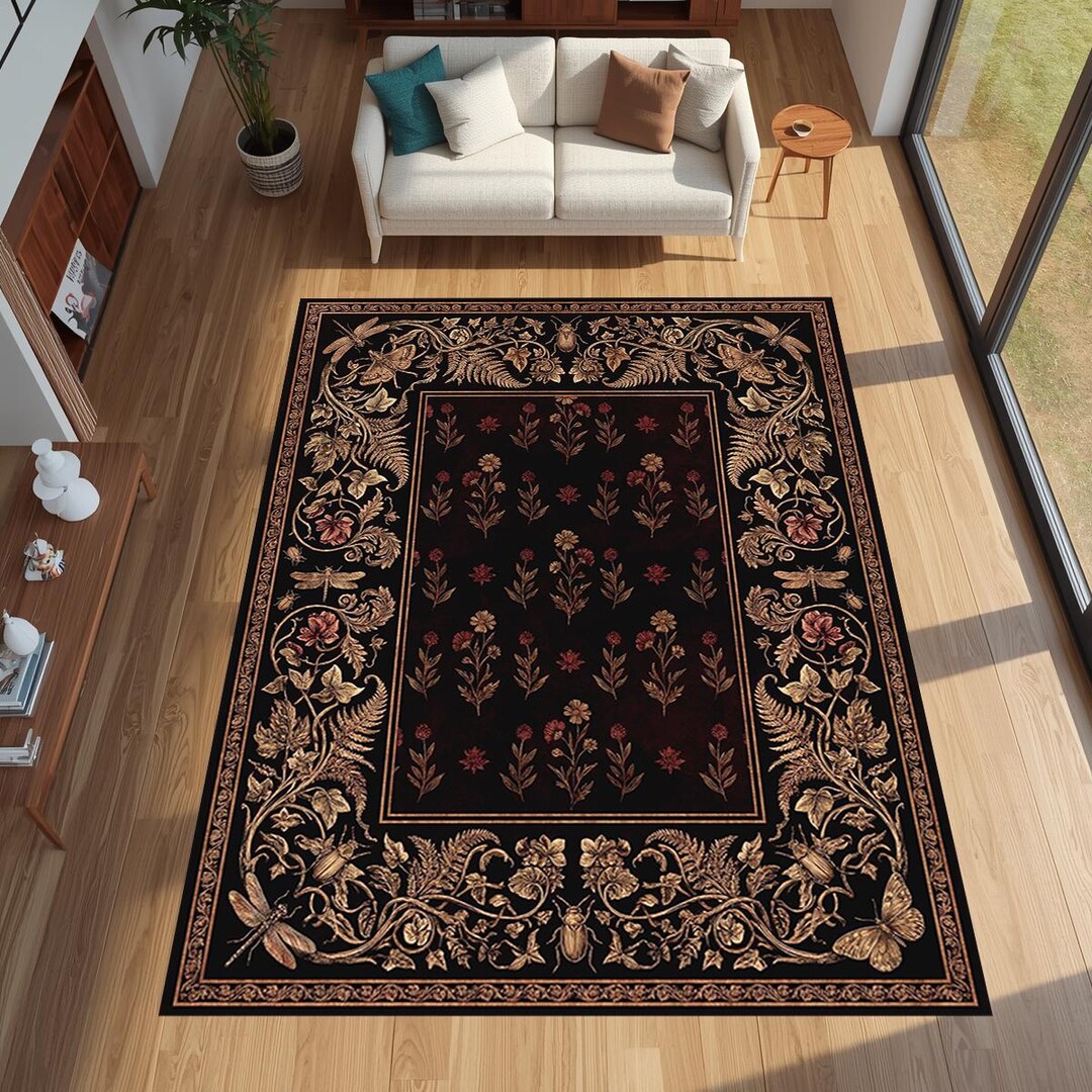 Gothic Botanical Area Rug With Insects and Flowers, Dark Academia ...