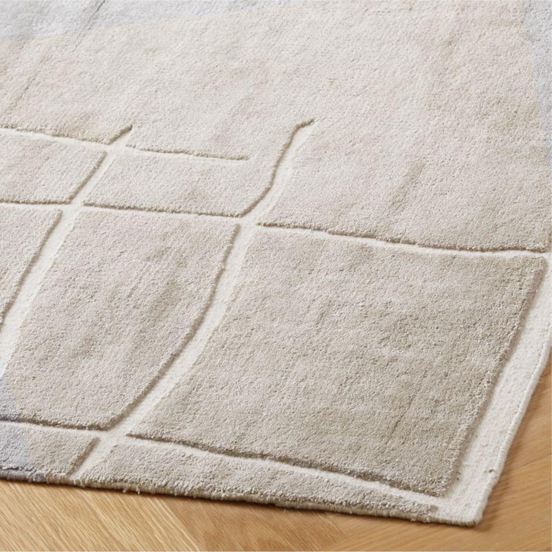 Hand Knotted Modern Beige Rug – Minimalist Carved Grid Wool & Silk Area ...