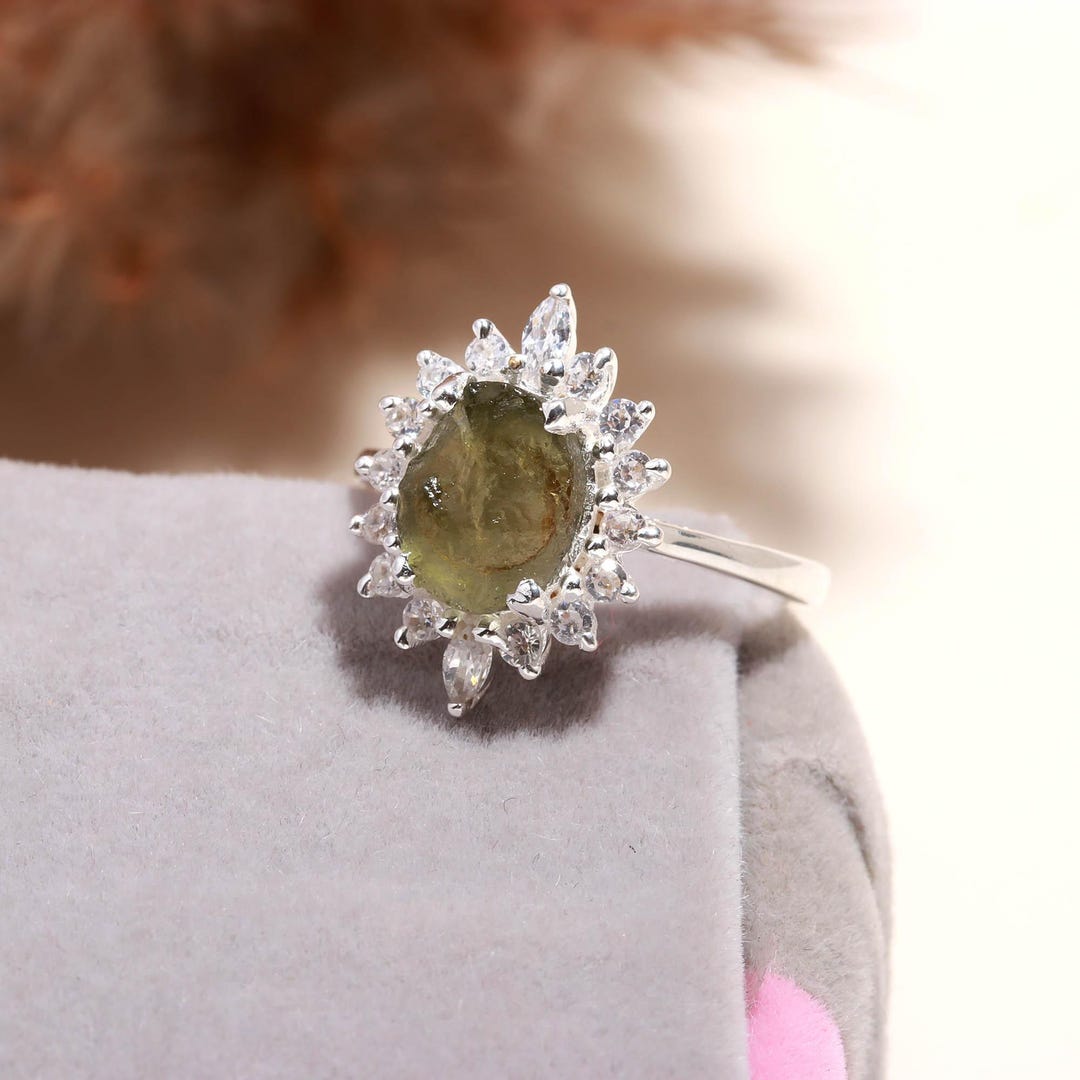 Raw Meteorite Moldavite Oval Shape Ring, 925 Sterling Silver Delicate ...