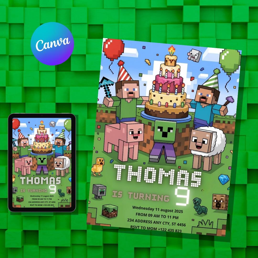 Minecraft Birthday Invitation – Printable 5x7 PDF, Boys Party Invite ...