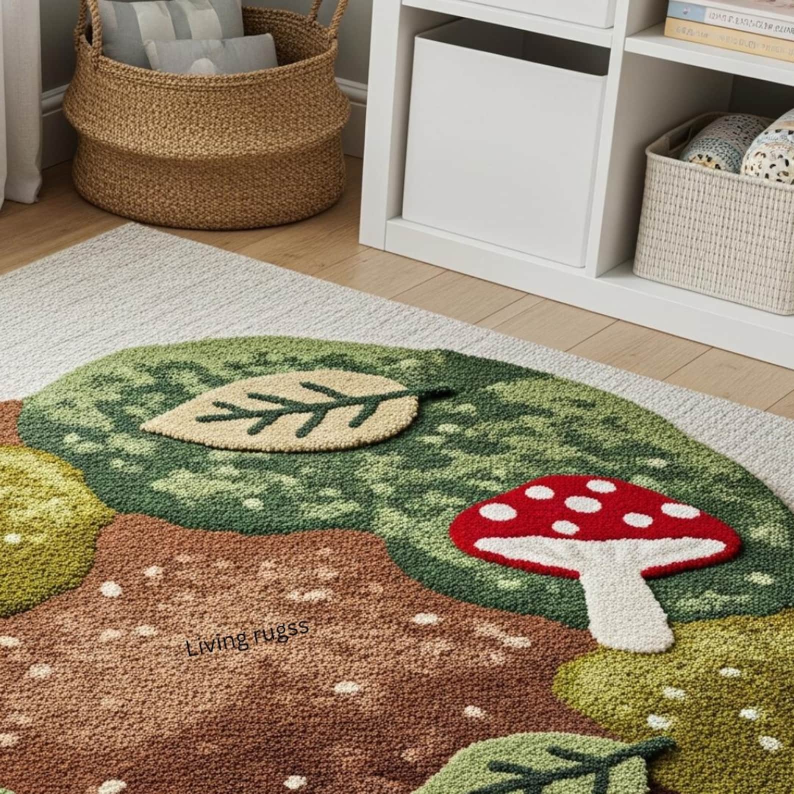 Woodland Forest Floor Rug | Mushroom and Leaf Kids Room Rug | Unique ...