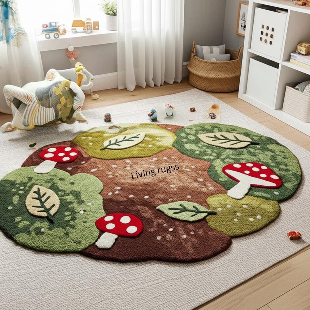 Woodland Forest Floor Rug | Mushroom and Leaf Kids Room Rug | Unique ...
