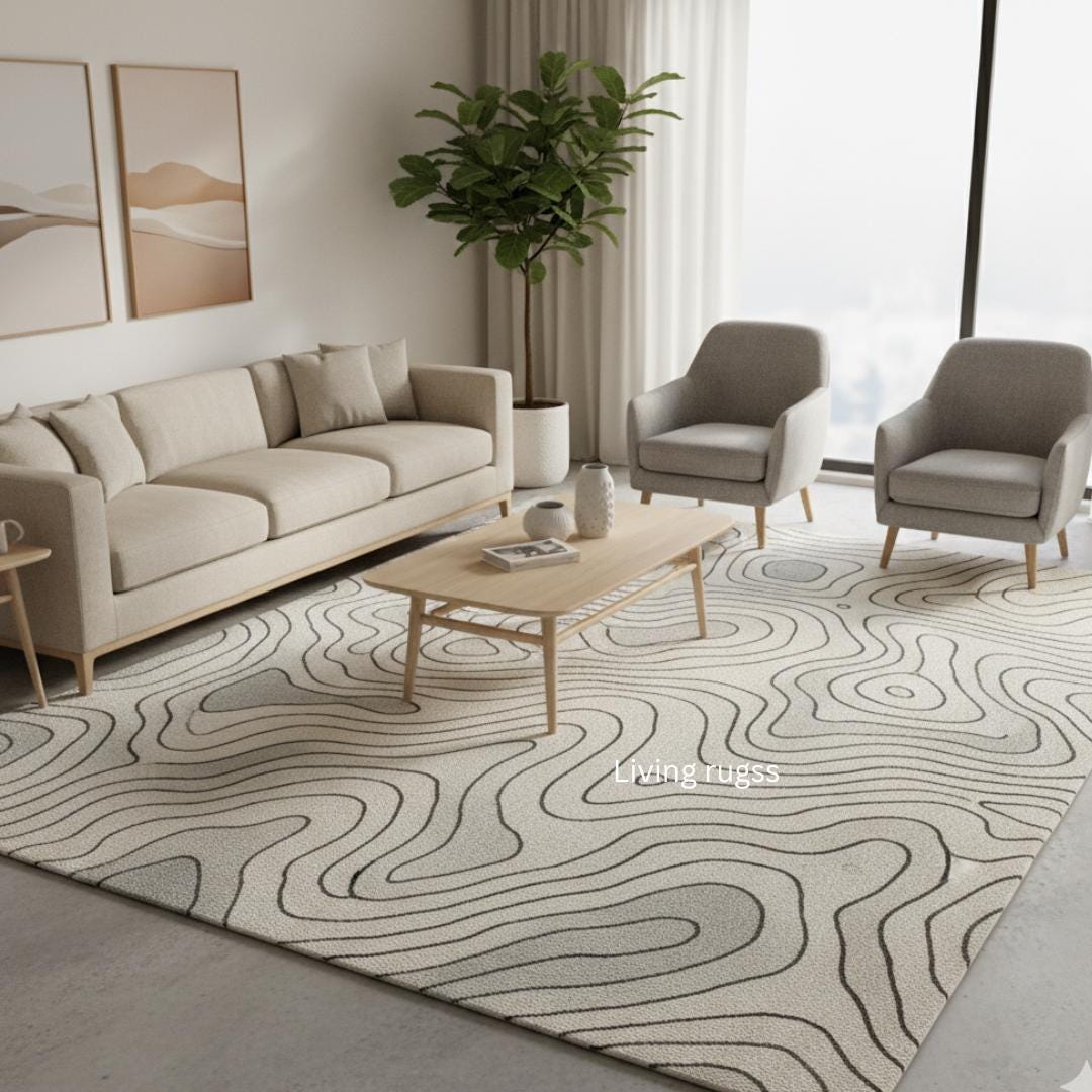 Modern Topographic Area Rug | Minimalist Contour Line Design | Neutral ...