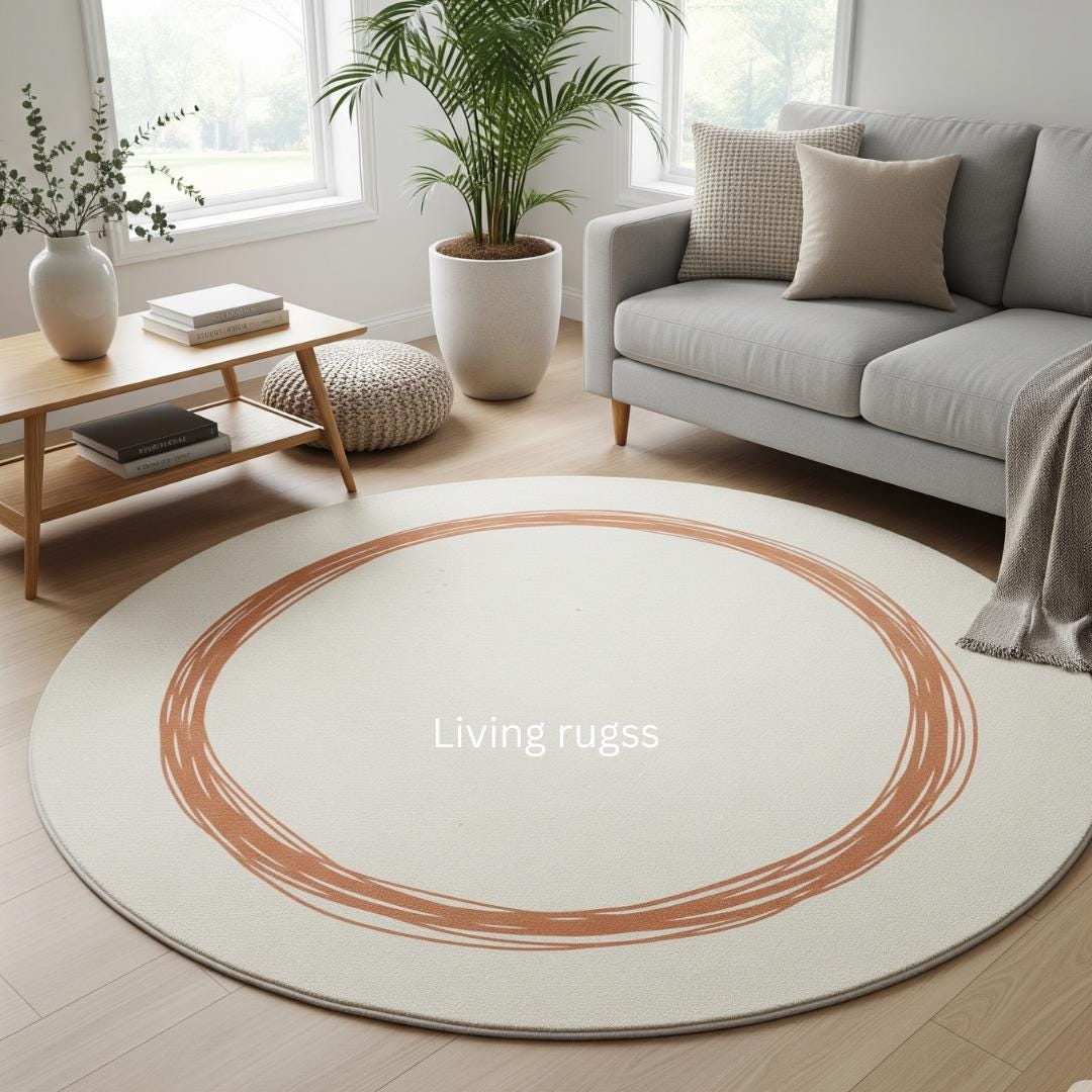 Modern Abstract Circle Rug | Minimalist White, Terracotta Round Area ...
