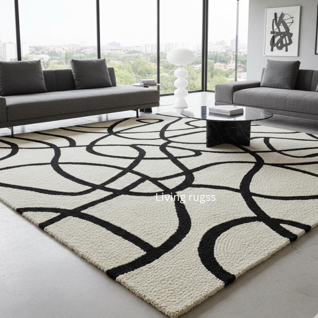 Modern Abstract Line Area Rug | Black and Cream Living Room Rug ...