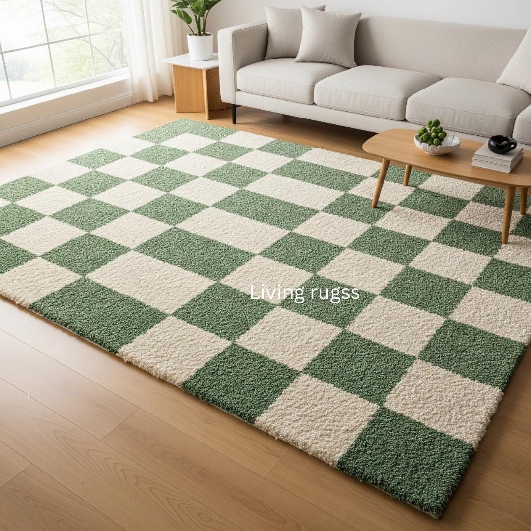 Green and White Checkerboard Area Rug | Modern Checker Rug | Aesthetic ...