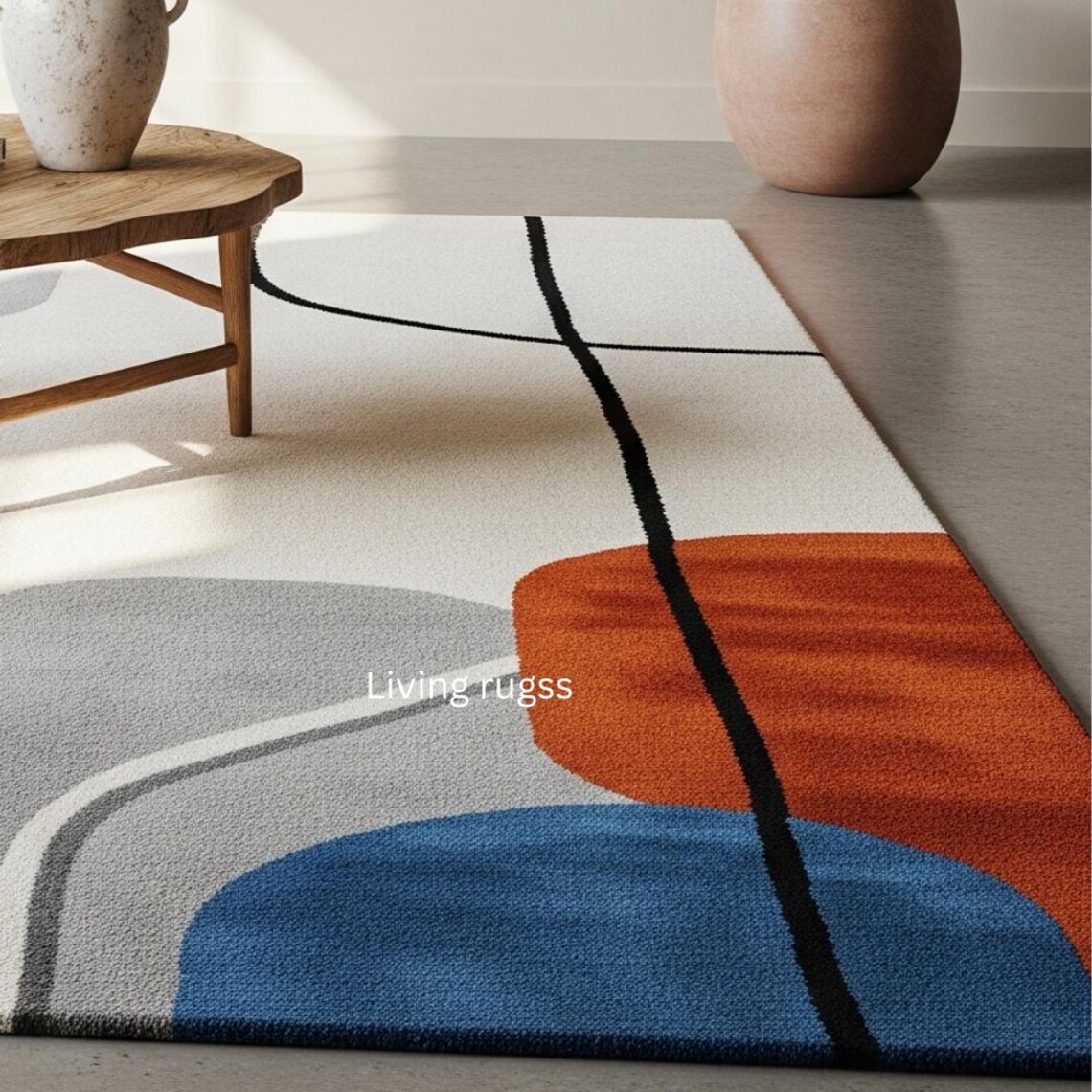 Abstract Mid-century Modern Rug - Minimalist Geometric Area Rug in Blue ...