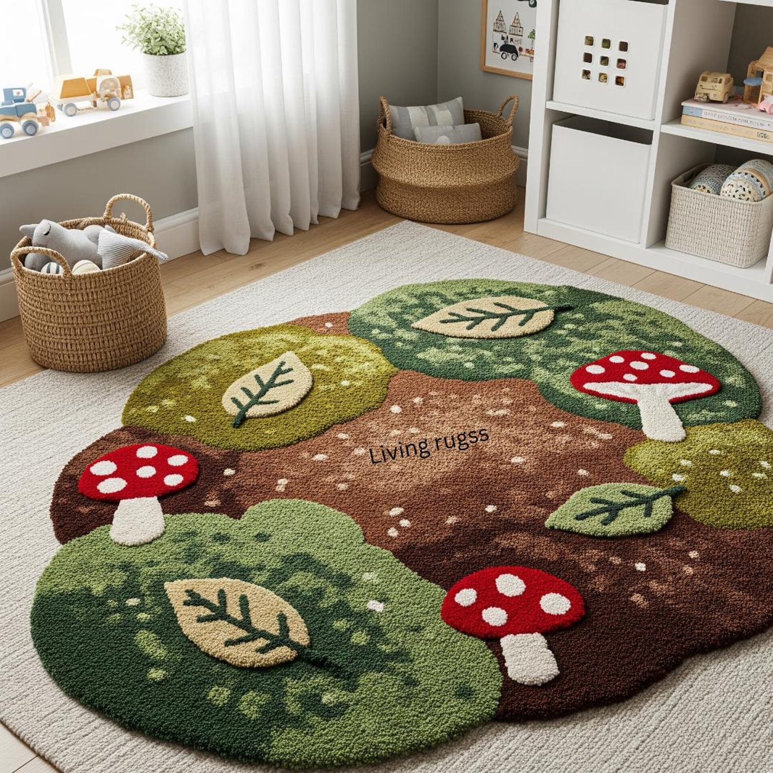 Woodland Forest Floor Rug | Mushroom and Leaf Kids Room Rug | Unique ...
