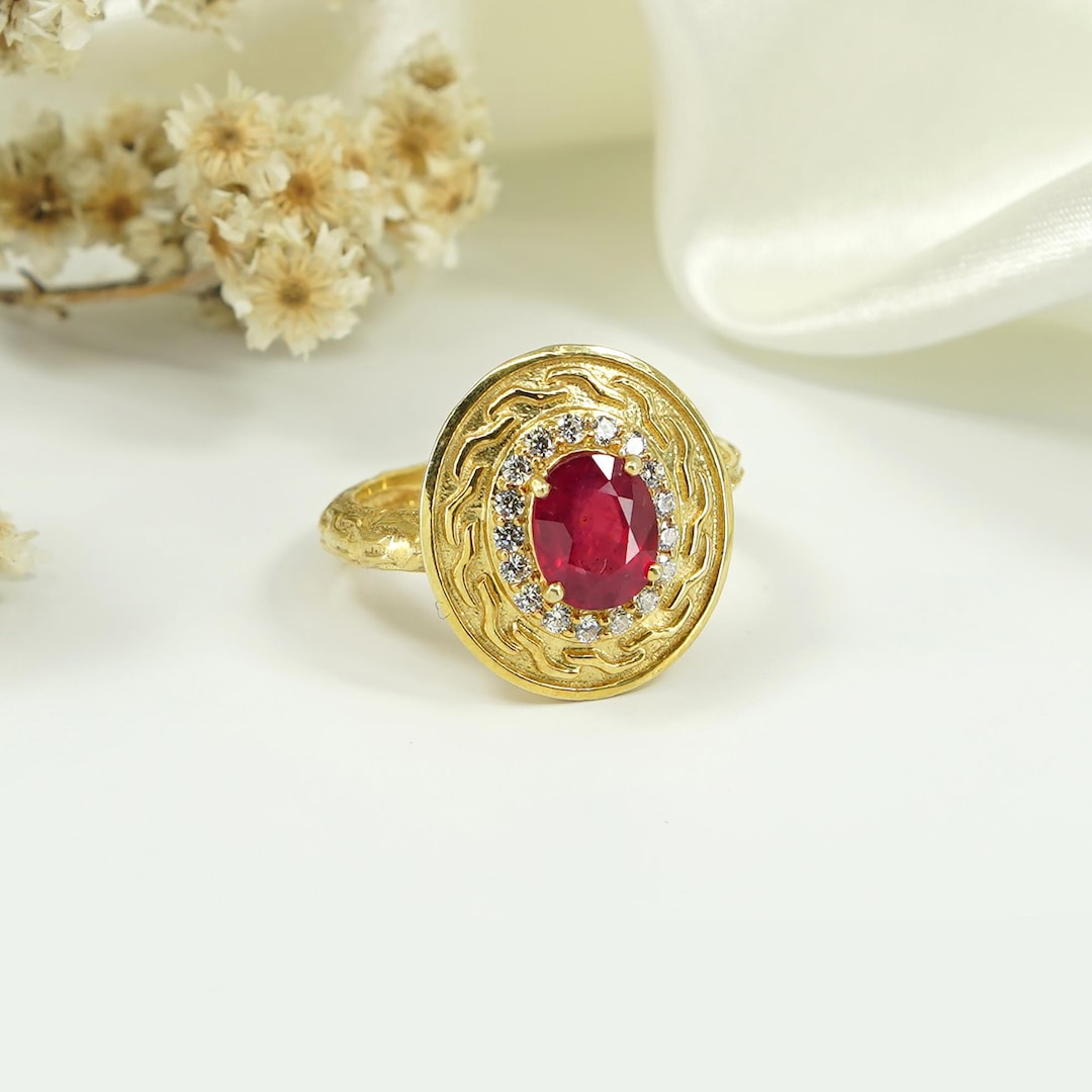 Victorian Ruby Engagement Ring, Diamond Halo, Textured Gold Plated 925 ...