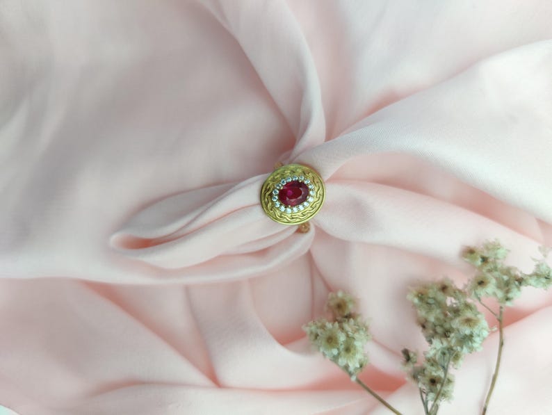 Victorian Ruby Engagement Ring, Diamond Halo, Textured Gold Plated 925 ...