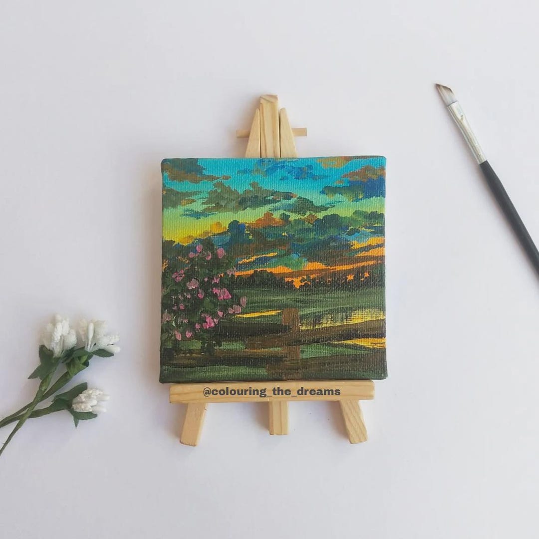 Original Sunset Cottagecore Mini Acrylic Painting | Countryside ...